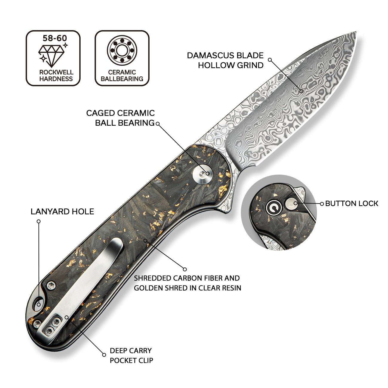 CIVIVI Button Lock Elementum II Flipper Knife Carbon Fiber & Damascus