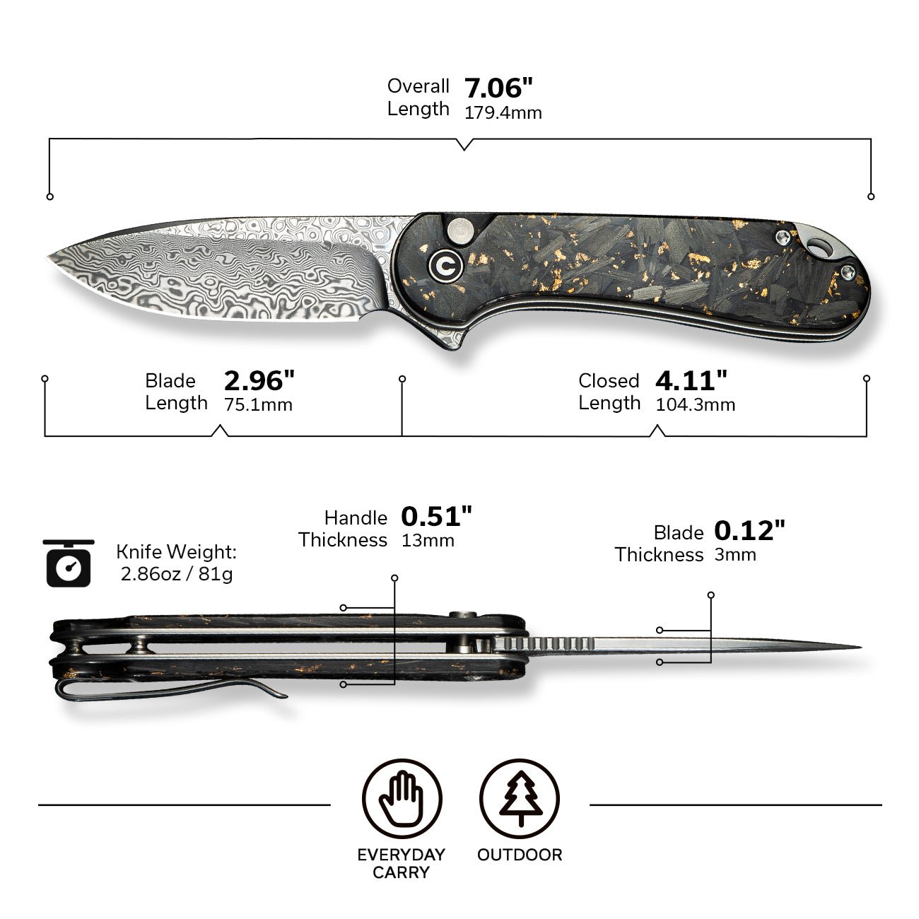 CIVIVI Button Lock Elementum II Flipper Knife Carbon Fiber & Damascus