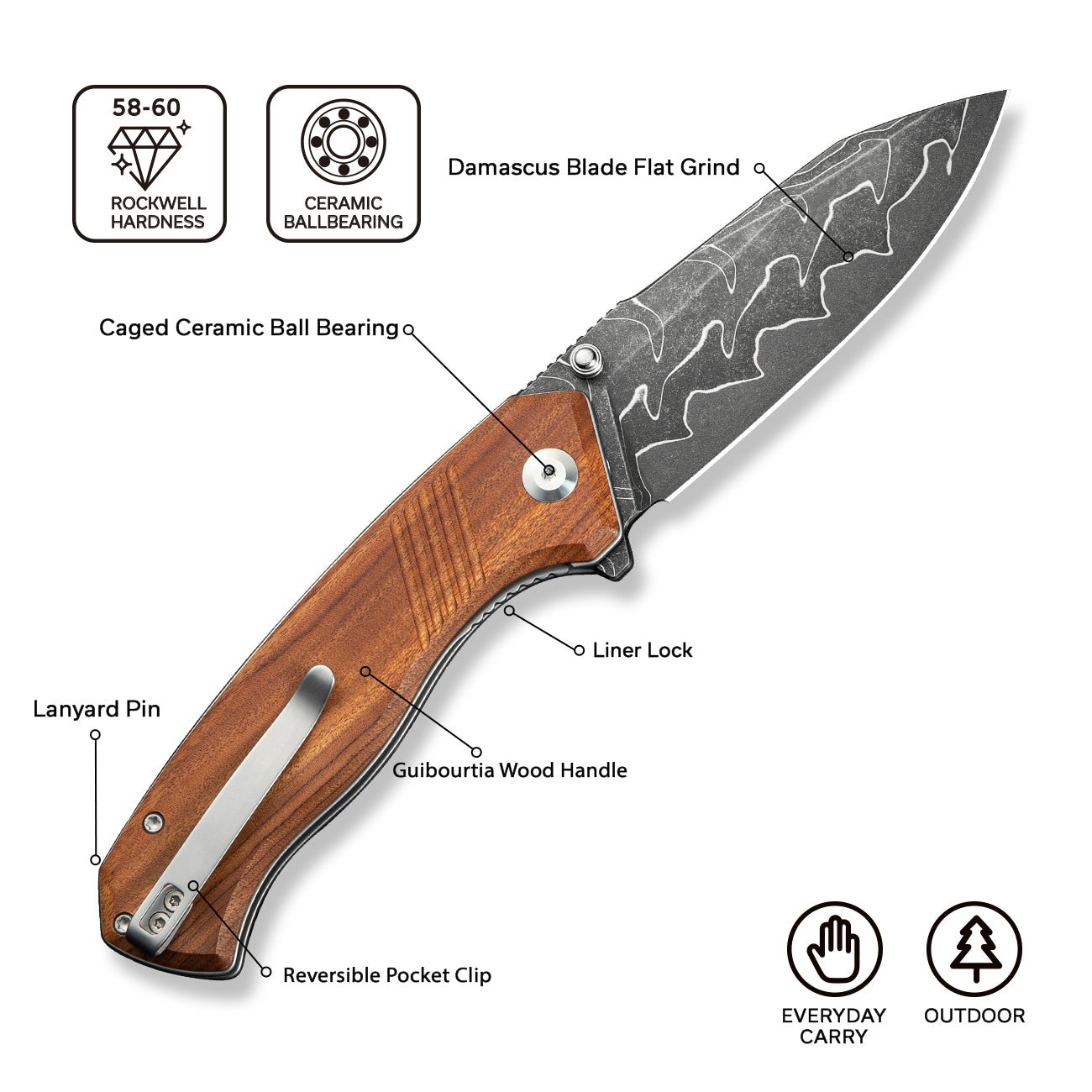 CIVIVI Placoid Damascus Knife with Guibourtia Wood Handle