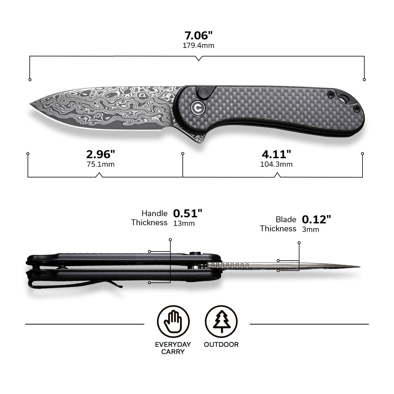 CIVIVI Button Lock Elementum II Damascus Folding Knife