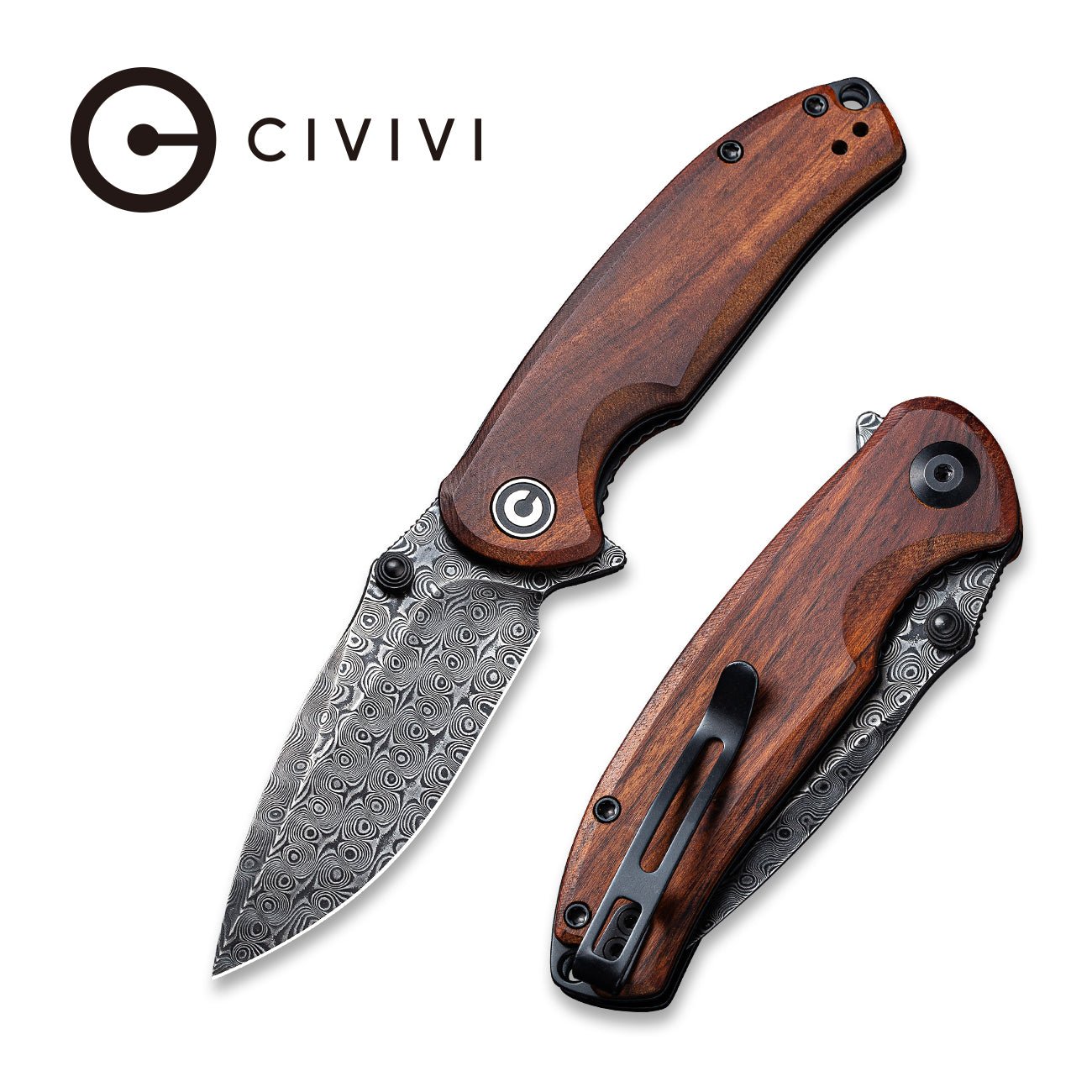 CIVIVI Pintail Flipper & Thumb Stud Knife Wood Handle & Damascus Blade